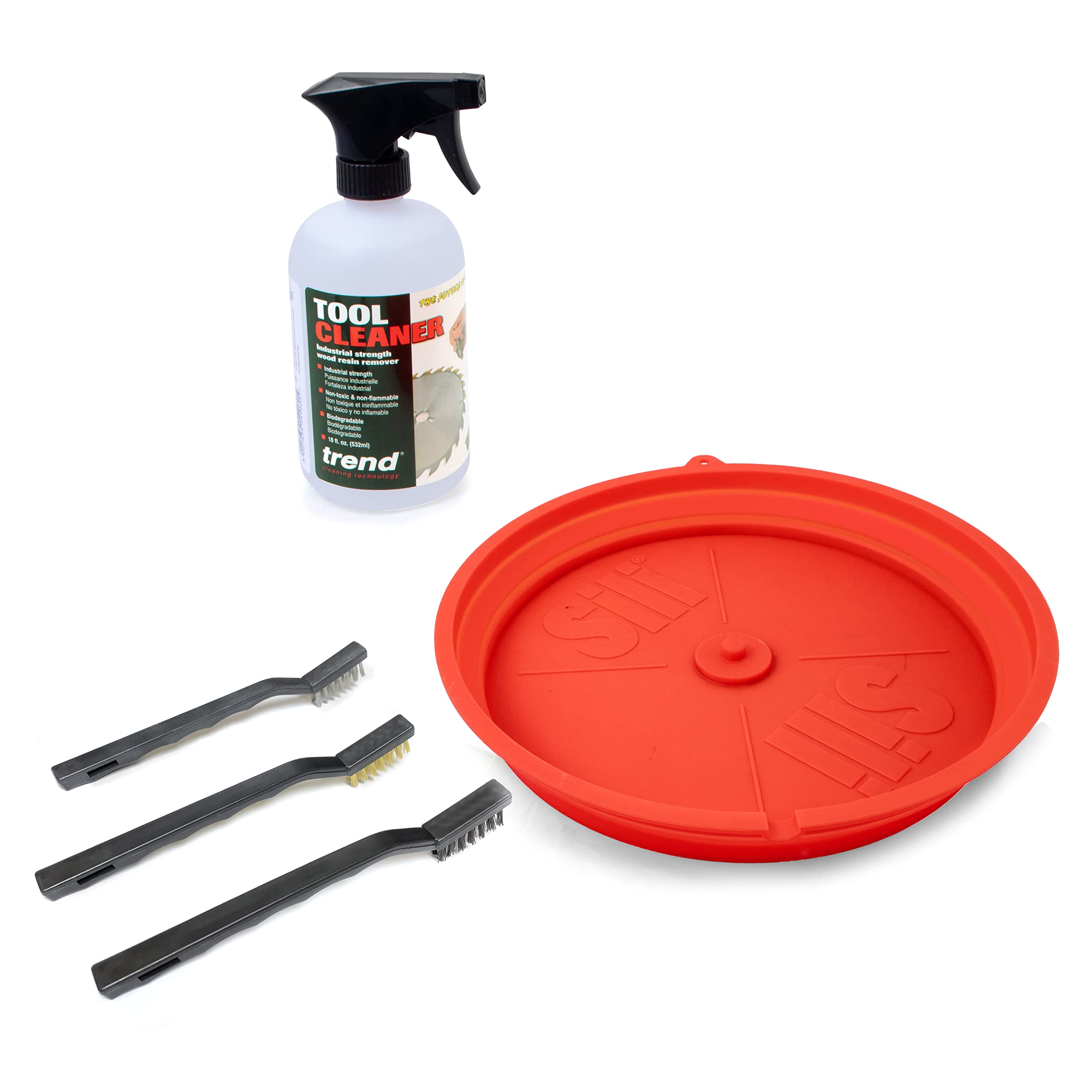 The Sili Deluxe Saw Blade Cleaning Kit Includes The Sili Saw Blade Cleaning Tray with Trend CLEAN/500 Tool Cleaner in an 18 Ounce Spray Bottle and The Fulton 3 Piece Assorted Wire Brush Set