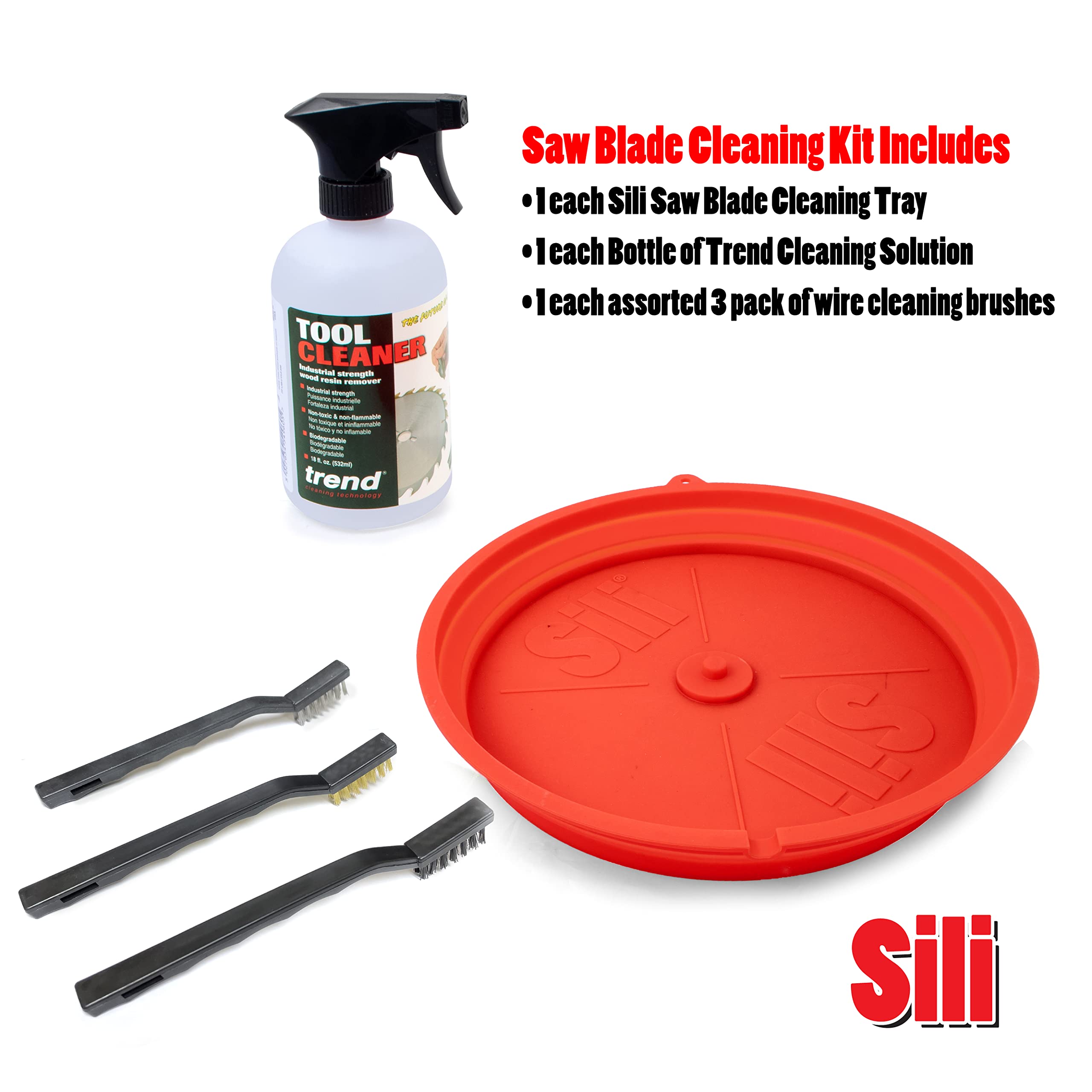 The Sili Deluxe Saw Blade Cleaning Kit Includes The Sili Saw Blade Cleaning Tray with Trend CLEAN/500 Tool Cleaner in an 18 Ounce Spray Bottle and The Fulton 3 Piece Assorted Wire Brush Set