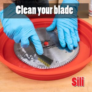 The Sili Deluxe Saw Blade Cleaning Kit Includes The Sili Saw Blade Cleaning Tray with Trend CLEAN/500 Tool Cleaner in an 18 Ounce Spray Bottle and The Fulton 3 Piece Assorted Wire Brush Set