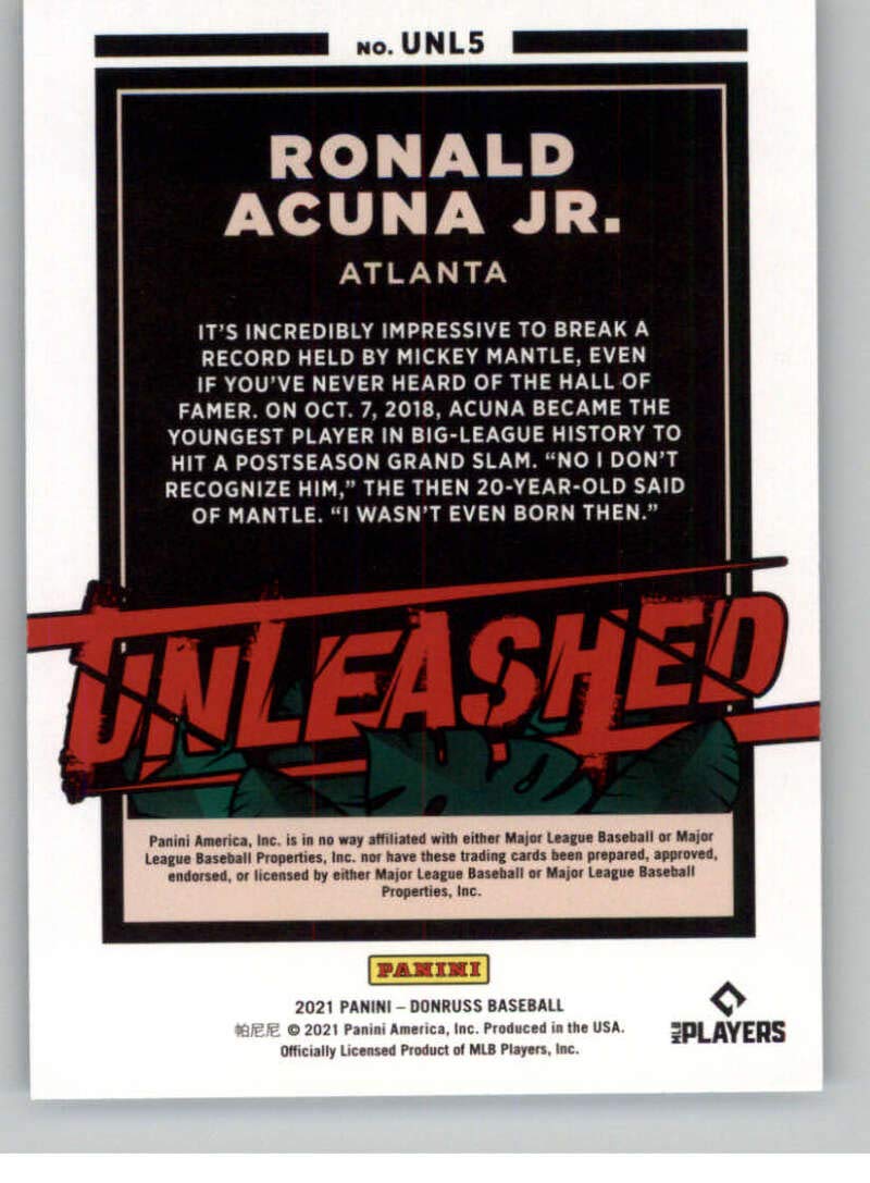 2021 Donruss Vector Unleashed #5 Ronald Acuna Jr. Atlanta Braves Baseball Trading Card From Panini America