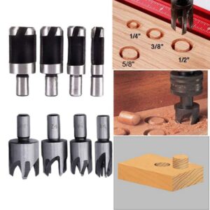 Baorder 8Pcs Wood Plug Cutter Drill Bit Set Carbon Steel Titanium Coated Woodworking Chamfer Drill Bits Straight and Tapered Taper 5/8" 1/2" 3/8" 1/4" Cutting Tool