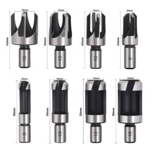 Baorder 8Pcs Wood Plug Cutter Drill Bit Set Carbon Steel Titanium Coated Woodworking Chamfer Drill Bits Straight and Tapered Taper 5/8" 1/2" 3/8" 1/4" Cutting Tool