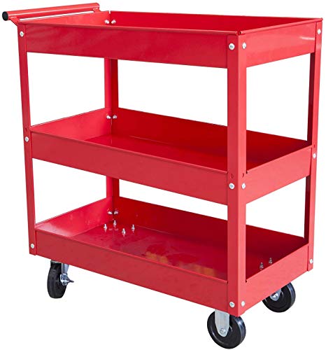 HPDMC 400 LBs Capacity 3 Shelf Steel Service Utility Cart/Steel Tool Service Push Cart, Red