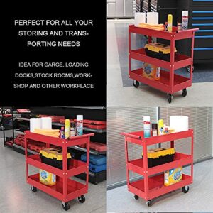 HPDMC 400 LBs Capacity 3 Shelf Steel Service Utility Cart/Steel Tool Service Push Cart, Red