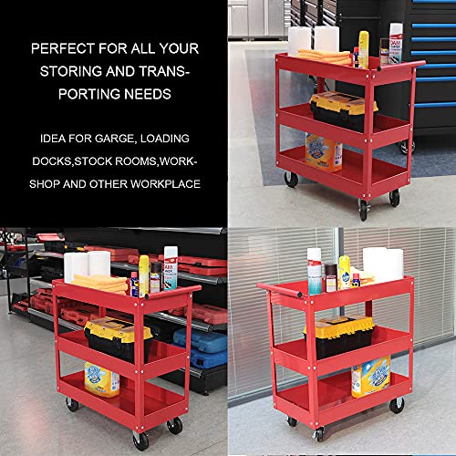 HPDMC 400 LBs Capacity 3 Shelf Steel Service Utility Cart/Steel Tool Service Push Cart, Red