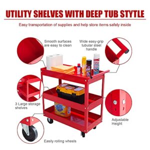 HPDMC 400 LBs Capacity 3 Shelf Steel Service Utility Cart/Steel Tool Service Push Cart, Red