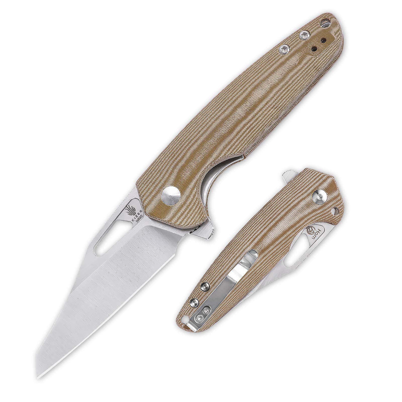 Kizer Horn Pocket Knife, Micarta Handle with N690 Steel Blade, Thumb Hole, Removable Flipper, Deep Carry Pocket Clip, Wharncliffe EDC Knives -V3557N1