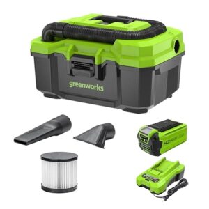 greenworks 40v (3 gallon) cordless wet / dry shop vacuum + accessories, 2.0ah battery and charger included