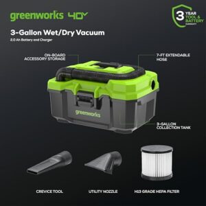 Greenworks 40V (3 Gallon) Cordless Wet / Dry Shop Vacuum + Accessories, 2.0Ah Battery and Charger Included