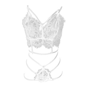 wodceeke sexy lace split plus size lingerie for women perspective embroidered bodysuit seductive sleepwear with garter (white, xl)