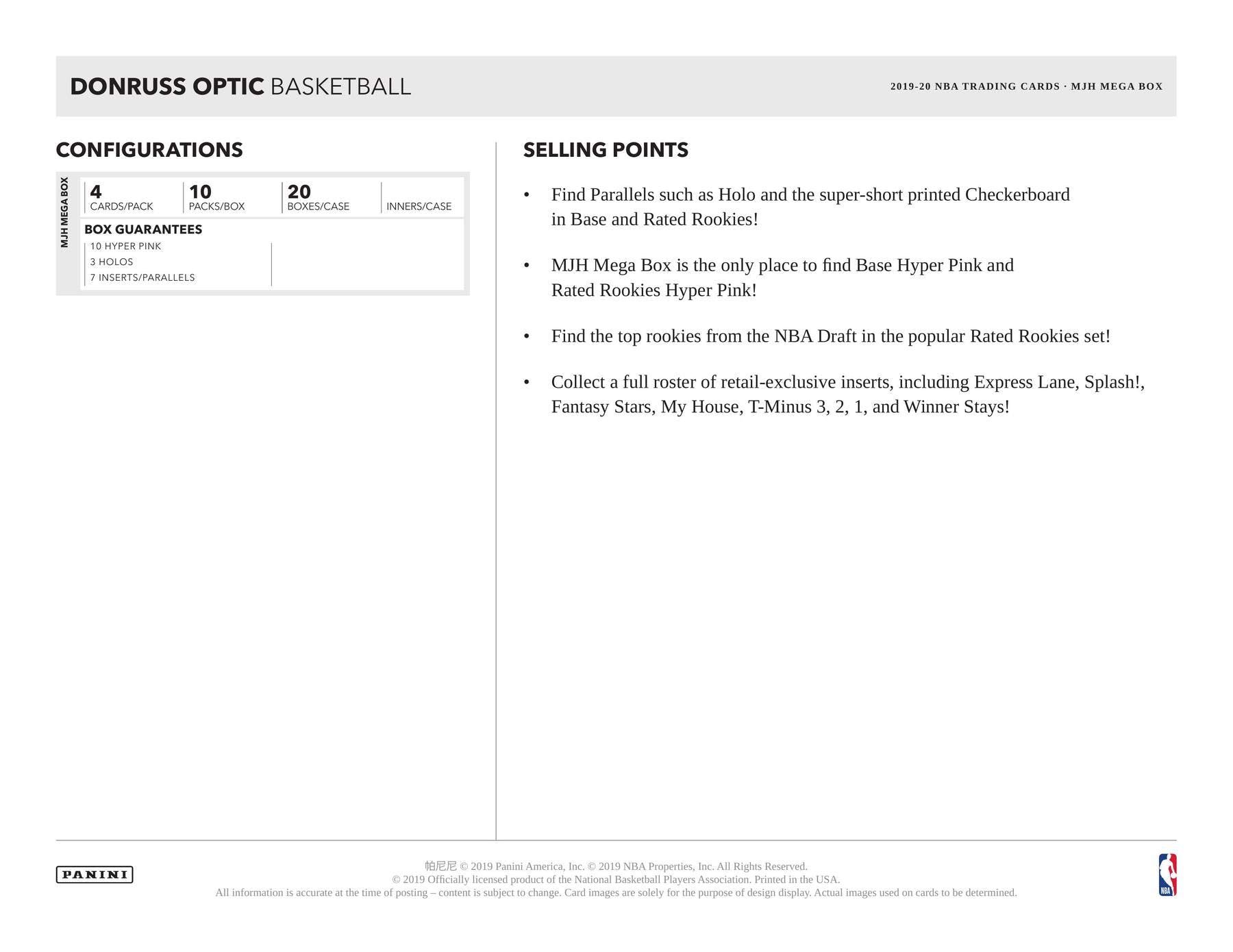 2019-20 Panini Donruss Optic MEGA Basketball Card Box - With 10 Hyper Pink Prizms - Look for Valuable Zion Williamson Holo Rookie Cards! 42 Cards Per Box.