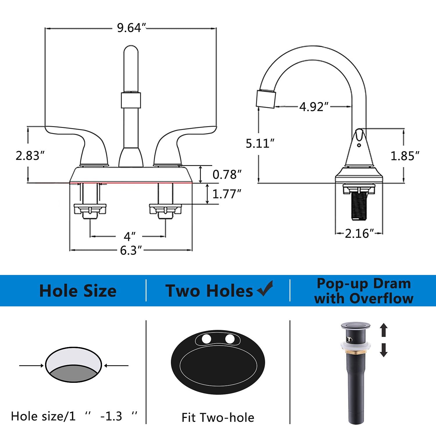 YardMonet Matte Black Bathroom Faucets, Black Bathroom Sink Faucets 2 Handle Bathroom Sink Faucet 4 Inch Centerset Vanity RV Lavatory Faucet with Pop-up Drain and Supply Lines