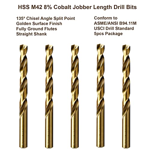 MAXTOOL 9/32" 5pcs Identical Jobber Length Drills HSS M42 Twist Drill Bits 8% Cobalt Fully Ground Golden Straight Shank Drills; JBF42G10R18P5