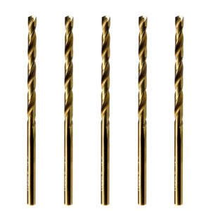 maxtool 3/32" 5pcs identical jobber length drills hss m42 twist drill bits 8% cobalt fully ground golden straight shank drills; jbf42g10r06p5