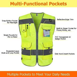 TCCFCCT High Visibility Vest 9 Pockets Reflective Safety Work Vest for Men Women, Hi Vis Construction Vest with Reflective Strips, Meets ANSI/ISEA Standards, (Yellow, Large)