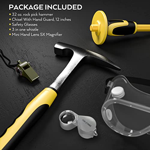 INCLY 5 PCS Geology Rock Pick Equipment Kit, 32 oz. Rock Hammer with 12" Mason Concrete Chisel, Safety Glasses, Whistle, jewelers loupe, Tool Set for Hounding,Gold Mining & Prospecting, Stone Breaking