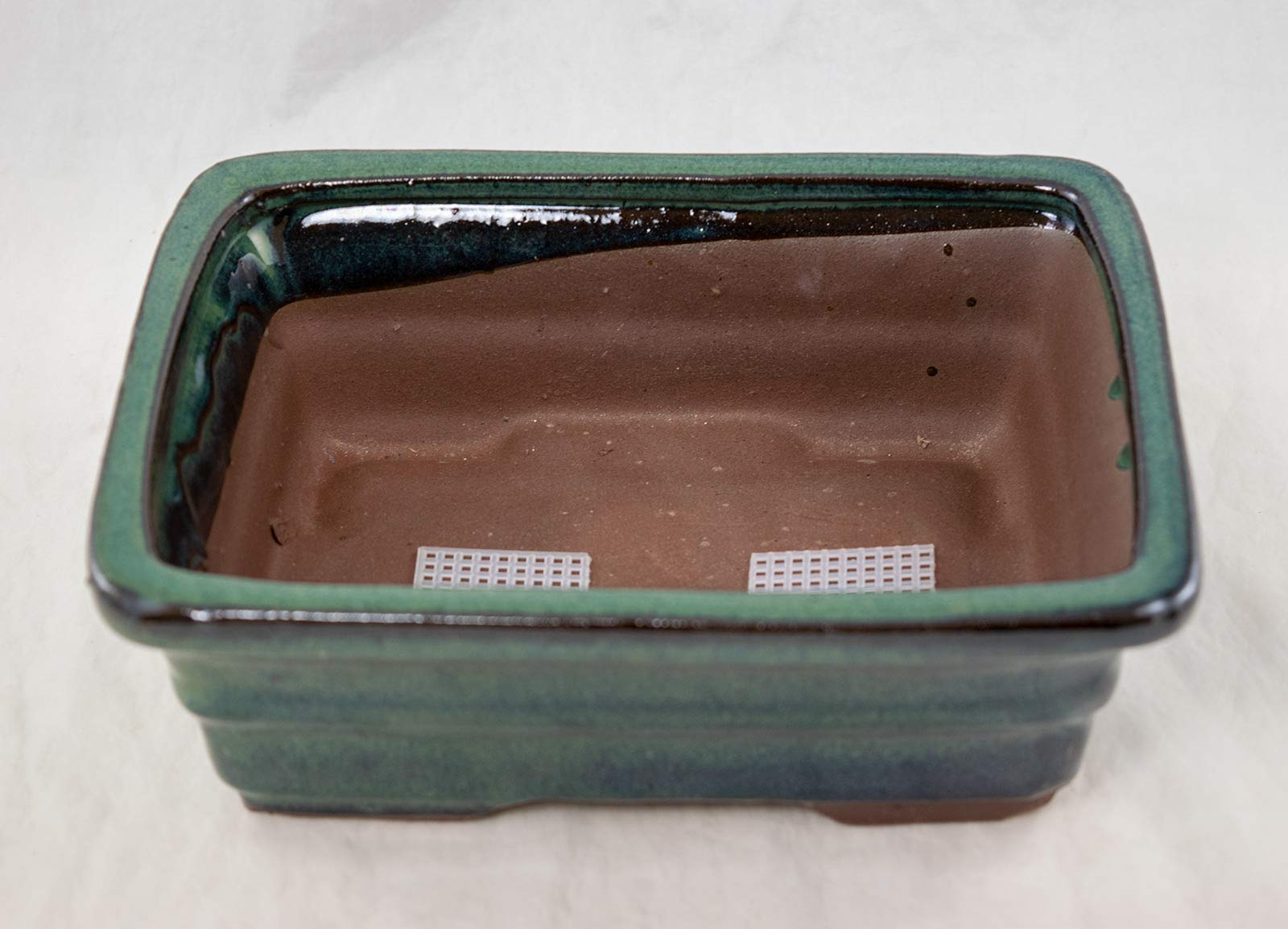 Calibonsai Rectangular Bonsai Cactus & Succulent Pot with Mesh 8x 6x 2.75 - Green Stain Glazed