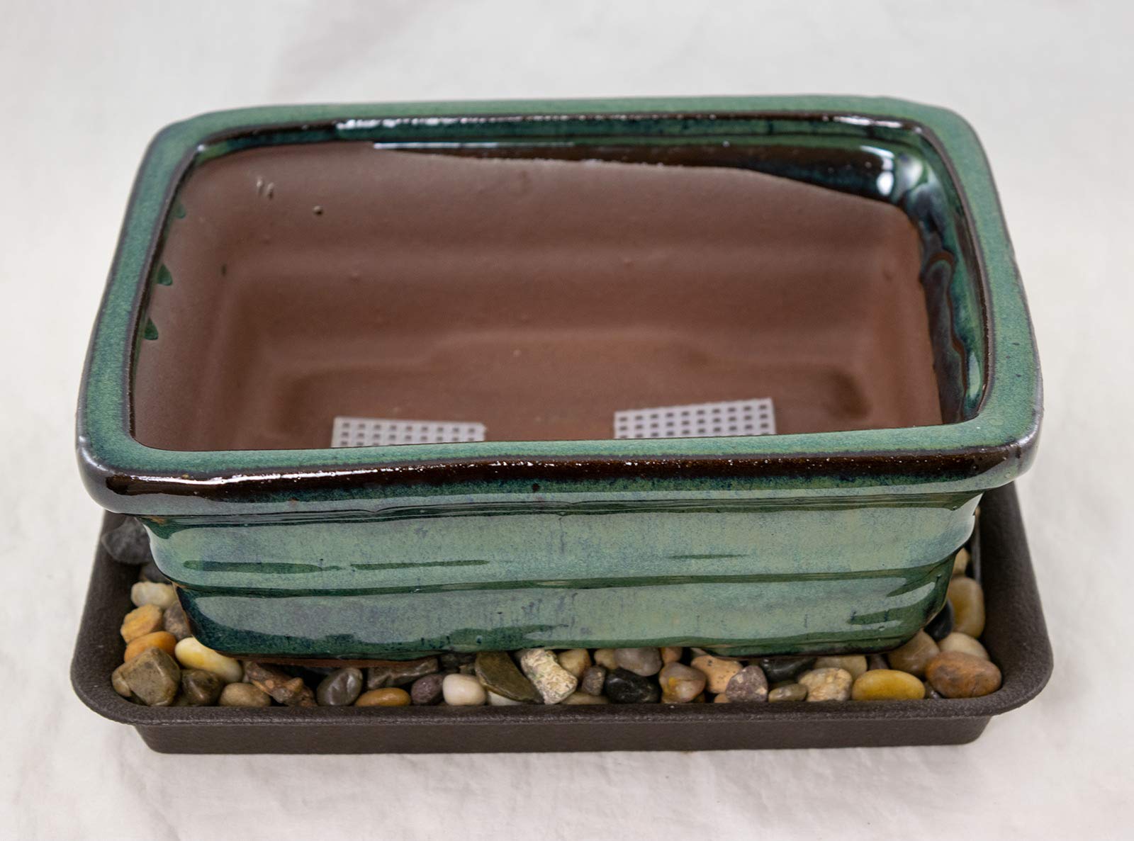 8" Rectangular Green Stain Bonsai/Succulent Pot + Tray + Rock + Mesh Combo