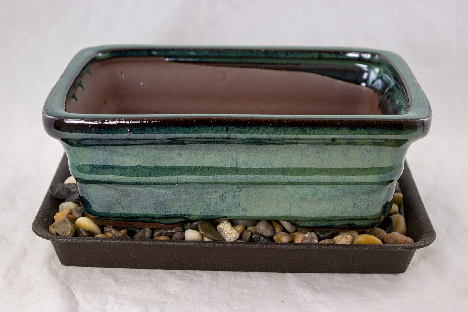 8" Rectangular Green Stain Bonsai/Succulent Pot + Tray + Rock + Mesh Combo