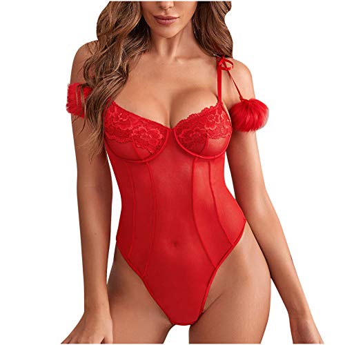 wodceeke Women's Lace Sling Sexy Plus Size Siamese Lingerie Embroidered perspective Bodysuit Home Pajamas With Hairball (Red, M)