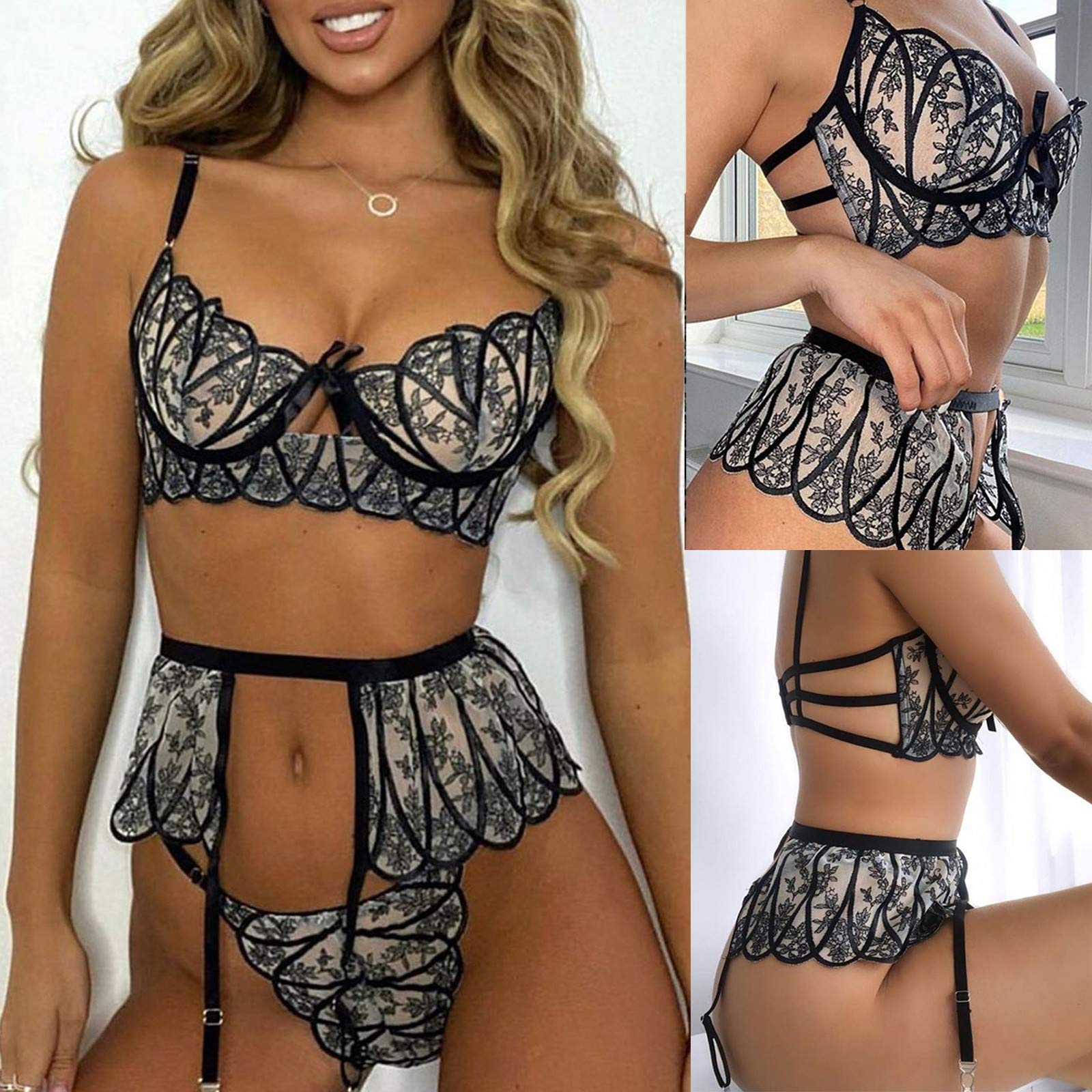 wodceeke Women's Sexy Sling Lace Plus Size 3-piece Lingerie Embroidered Perspective Bodysuit Pajamas Set With Garter (Black, XXXL)