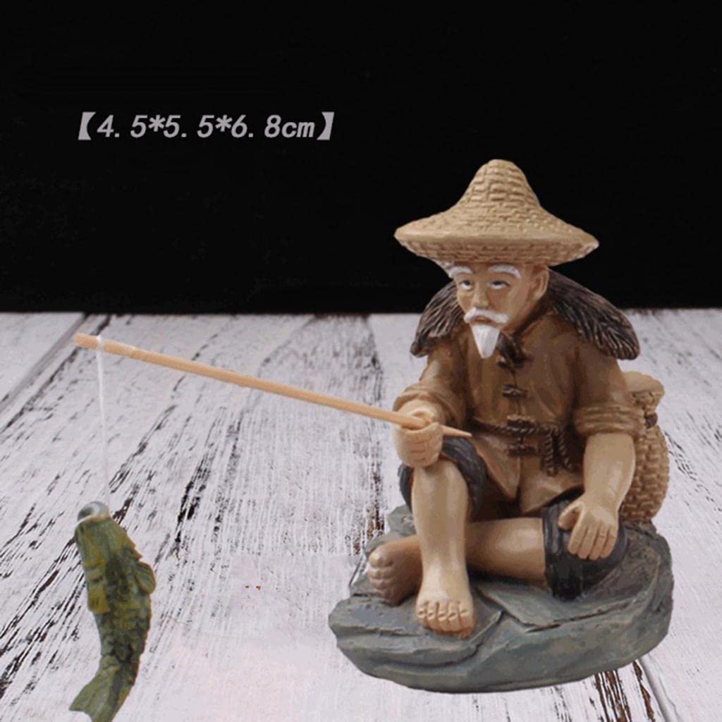 Serenable Fisherman Resin Figurines Fishing Old Man Garden Statue Bonsai Planter Pool Miniature Figure Indoor Sculpture Porch Patio Home Office Ornaments