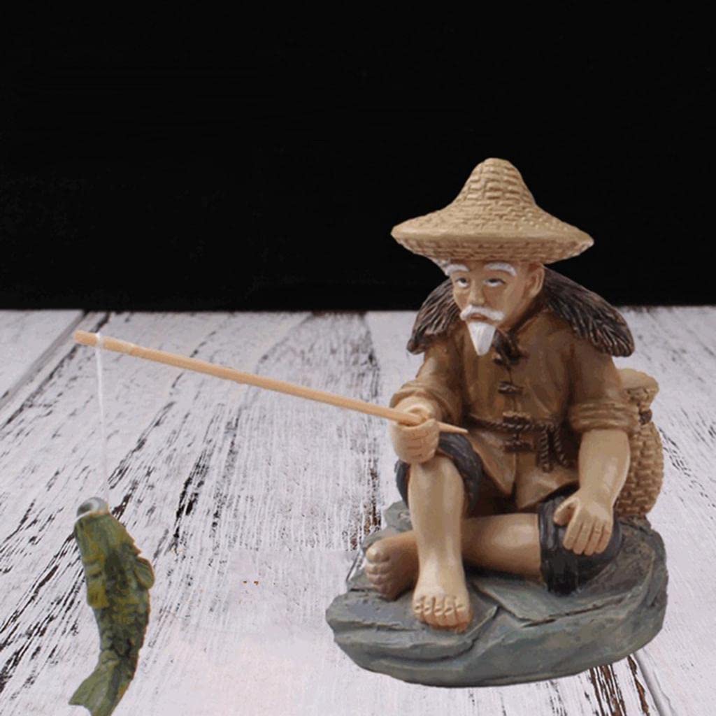 Serenable Fisherman Resin Figurines Fishing Old Man Garden Statue Bonsai Planter Pool Miniature Figure Indoor Sculpture Porch Patio Home Office Ornaments