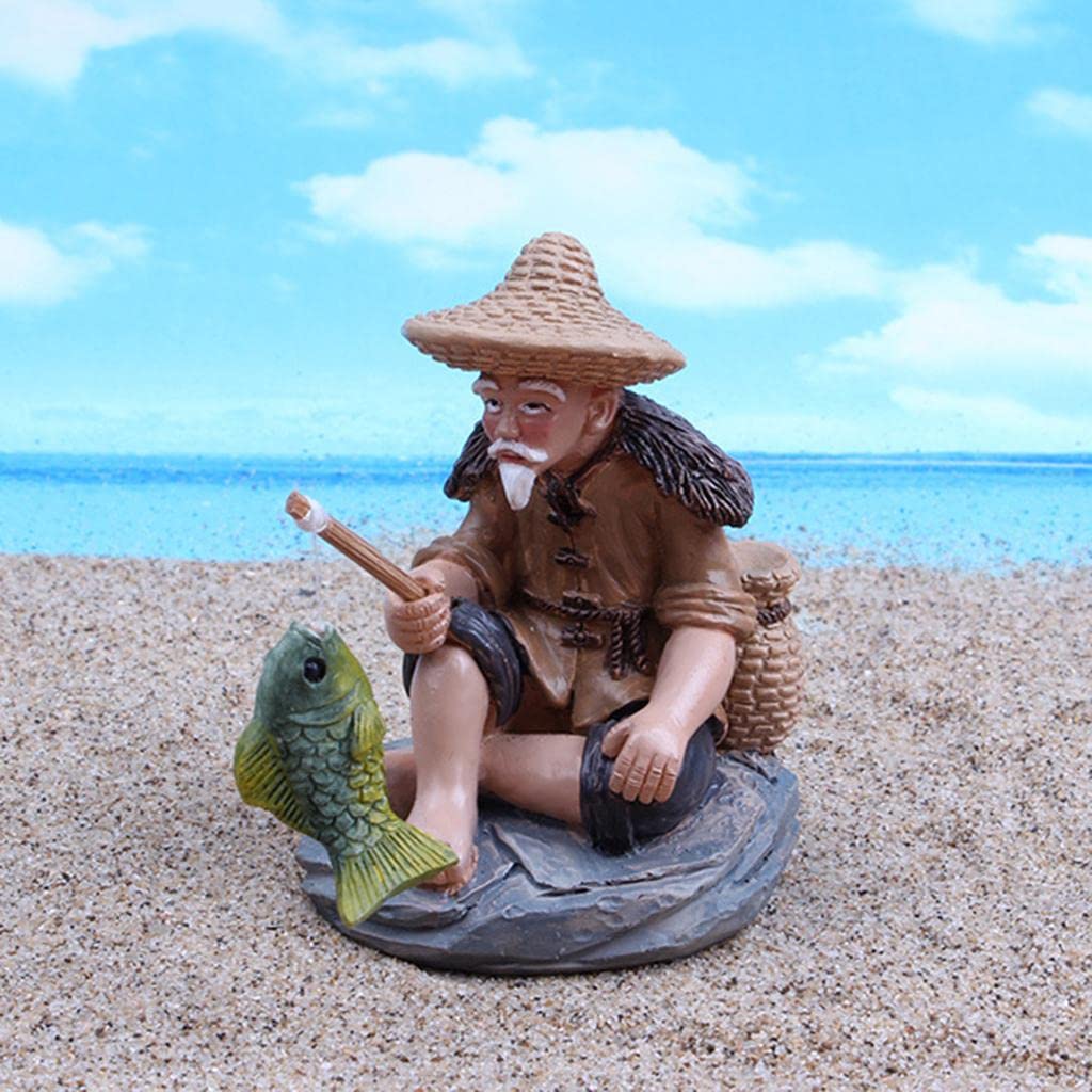 Serenable Fisherman Resin Figurines Fishing Old Man Garden Statue Bonsai Planter Pool Miniature Figure Indoor Sculpture Porch Patio Home Office Ornaments