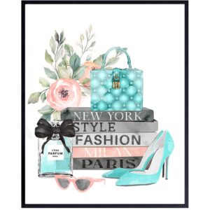 Blue High Fashion Wall Art - Designer Handbag, Purses, Shoes, Perfume - Glam Wall Decor - Luxury Gift for Women - Cute Bathroom decoration Teens Room, Girl Bedroom - Boho-chic Shabby chic Poster