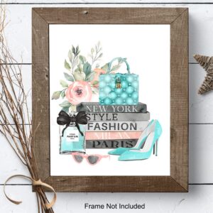 Blue High Fashion Wall Art - Designer Handbag, Purses, Shoes, Perfume - Glam Wall Decor - Luxury Gift for Women - Cute Bathroom decoration Teens Room, Girl Bedroom - Boho-chic Shabby chic Poster