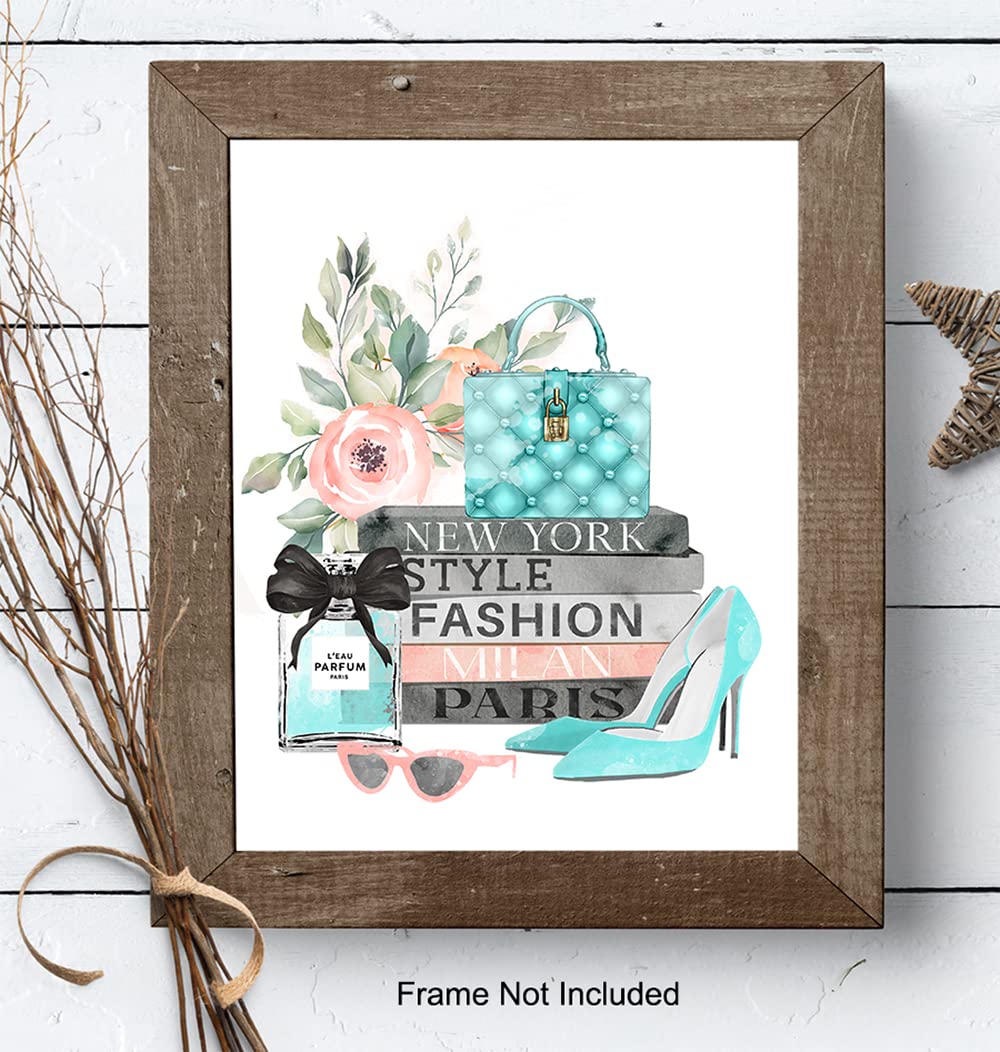 Blue High Fashion Wall Art - Designer Handbag, Purses, Shoes, Perfume - Glam Wall Decor - Luxury Gift for Women - Cute Bathroom decoration Teens Room, Girl Bedroom - Boho-chic Shabby chic Poster