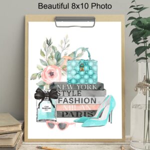 Blue High Fashion Wall Art - Designer Handbag, Purses, Shoes, Perfume - Glam Wall Decor - Luxury Gift for Women - Cute Bathroom decoration Teens Room, Girl Bedroom - Boho-chic Shabby chic Poster