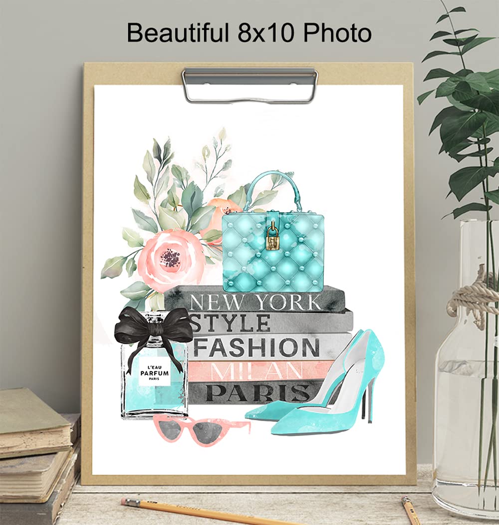 Blue High Fashion Wall Art - Designer Handbag, Purses, Shoes, Perfume - Glam Wall Decor - Luxury Gift for Women - Cute Bathroom decoration Teens Room, Girl Bedroom - Boho-chic Shabby chic Poster