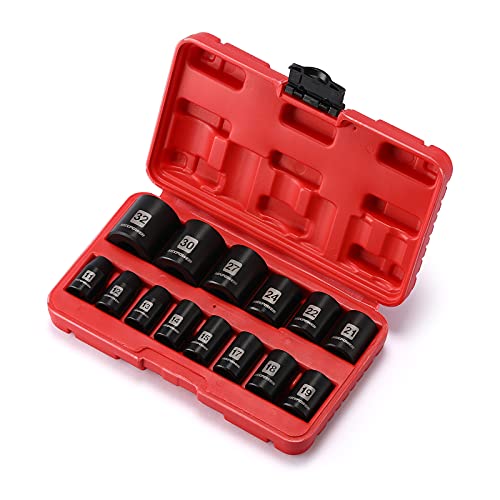 MIXPOWER 14 Pieces 1/2-Inch Drive Shallow Impact Socket Set, 11-32mm, CR-V, Metric, 6 Point, Shallow, 14 Pieces 1/2" Dr. Shallow Socket