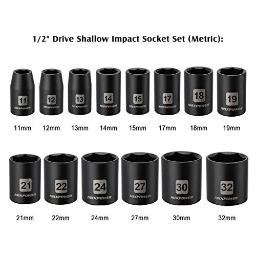 MIXPOWER 14 Pieces 1/2-Inch Drive Shallow Impact Socket Set, 11-32mm, CR-V, Metric, 6 Point, Shallow, 14 Pieces 1/2" Dr. Shallow Socket