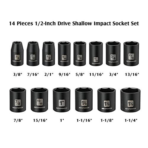 MIXPOWER 14 Pieces 1/2-Inch Drive Shallow Impact Socket Set, 3/8-Inch to 1-1/4 Inch, CR-V, SAE, 6 Point, Shallow, 14 Pieces 1/2" Dr. Shallow Socket