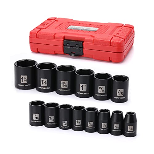 MIXPOWER 14 Pieces 1/2-Inch Drive Shallow Impact Socket Set, 3/8-Inch to 1-1/4 Inch, CR-V, SAE, 6 Point, Shallow, 14 Pieces 1/2" Dr. Shallow Socket