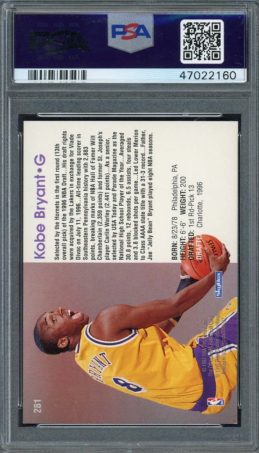 Kobe Bryant 1996 Hoops Rookie Basketball Card RC #281 Graded PSA 8