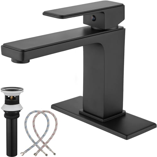 Midanya Matte Black Bathroom Sink Faucet 1 Hole Single Handle Deck Mount Lavatory Mixer Tap Include Pop Up Drain with Overflow One Lever Commercial