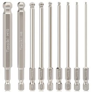 tonsiki 9pcs ball end hex head allen wrench drill bit set, metric s2 steel hex bits set, 1/4" hex shank magnetic screwdriver bit set for assembling furniture, 4'' long - 1.5/2/2.5/3/4/5/6/8/10mm