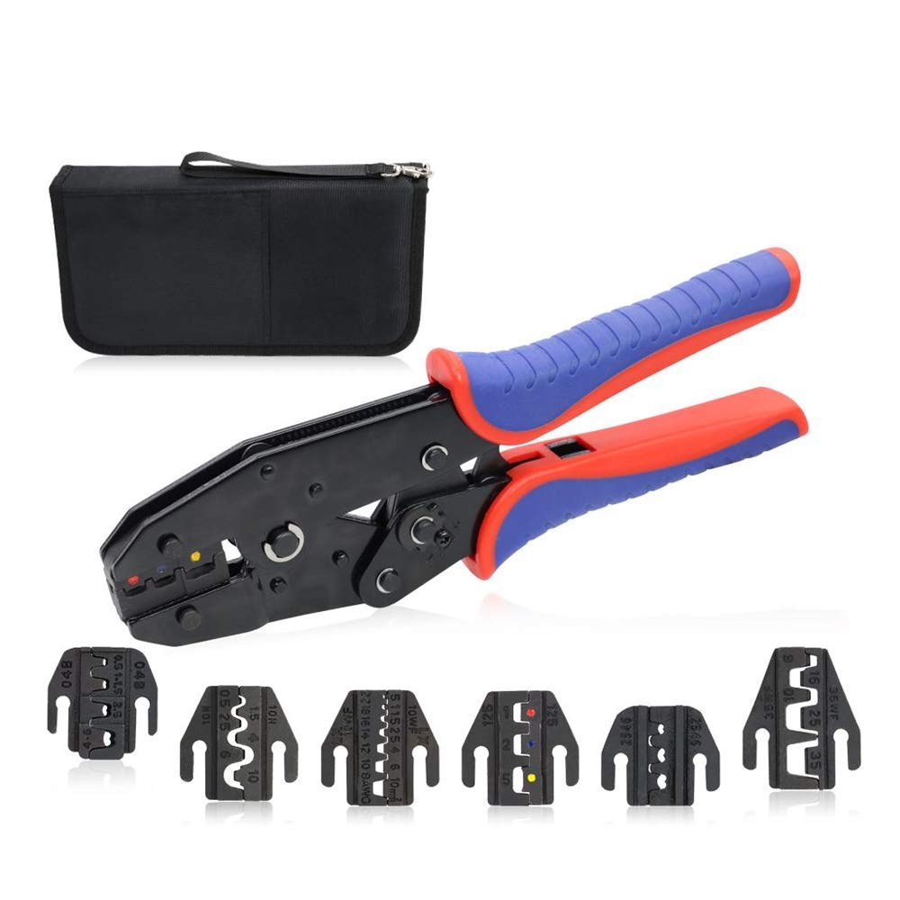 HKS Ratcheting Crimping Tool Set 8 PCS - Quick Exchange Jaw for Heat Shrink Terminals, Non-Insulated, Open Barrel, Solar Conncetors, Insulated and Non-Insulated Ferrules AWG 20-2