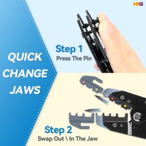 HKS Ratcheting Crimping Tool Set 8 PCS - Quick Exchange Jaw for Heat Shrink Terminals, Non-Insulated, Open Barrel, Solar Conncetors, Insulated and Non-Insulated Ferrules AWG 20-2