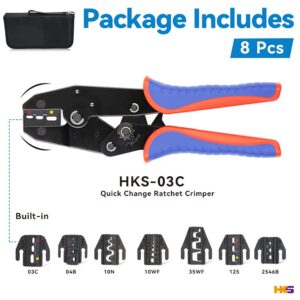 HKS Ratcheting Crimping Tool Set 8 PCS - Quick Exchange Jaw for Heat Shrink Terminals, Non-Insulated, Open Barrel, Solar Conncetors, Insulated and Non-Insulated Ferrules AWG 20-2