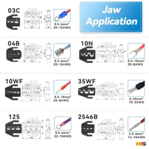 HKS Ratcheting Crimping Tool Set 8 PCS - Quick Exchange Jaw for Heat Shrink Terminals, Non-Insulated, Open Barrel, Solar Conncetors, Insulated and Non-Insulated Ferrules AWG 20-2