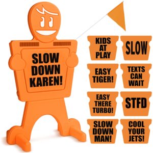 gosports slow down man! street safety sign - 3 ft high visibility kids at play signage for neighborhoods with 9 decal options and flag