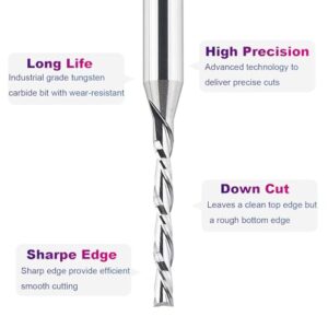 SpeTool Extra Long Spiral Router Bit Down Cut 1/8 inch Cutting Diameter, 1/4 inch Shank 3 inch OVL HRC55 Solid Carbide End Mill for Wood Cut Carving Engrave