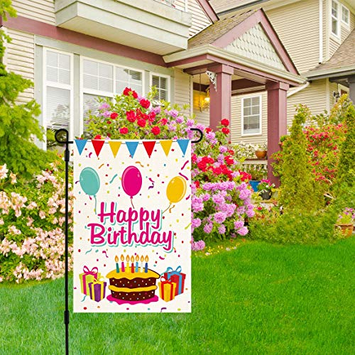 QWETRY Happy Birthday Garden Flag Double Sided, Small Vertical Premium Burlap Rustic Welcome Birthday Yard Flag for Farmhouse Outside Outdoor Flags 12.5 x 18 Prime Birthday Party Celebration Banner