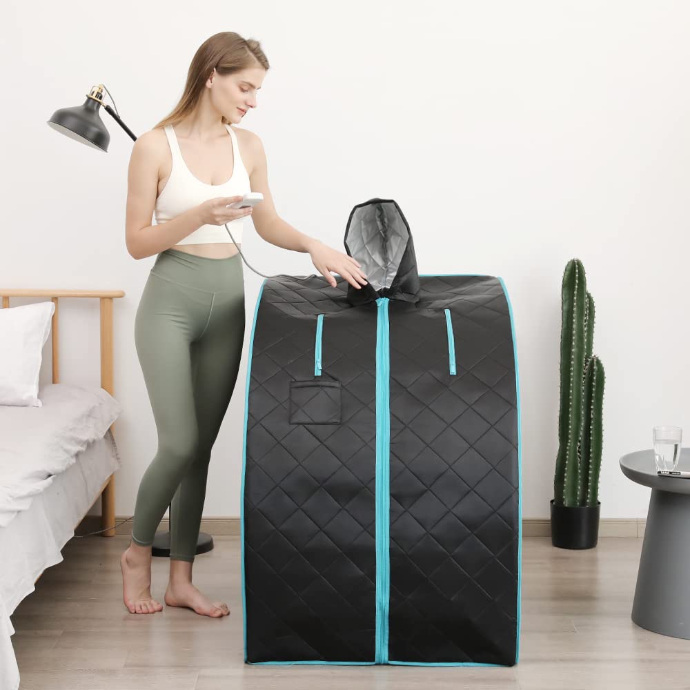 Smartmak Far Infrared Sauna with Hat, Portable Personal Full Body Home SPA Tent, Separate Heating Foot Pad and Portable Upgraded Chair- Green Border