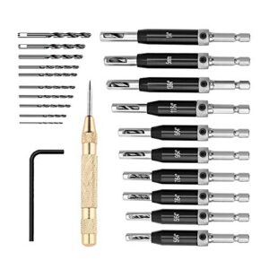 22pcs center drill bit set,self centering hinge tapper core hole puncher 5/64'' 7/64'' 9/64'' 11/64'' 13/64'' 5mm 1/4'' & 1 pcs hex key & 10 pcs replacement drill bits +1 center punch