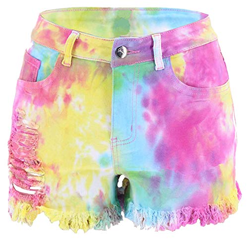 Sdeycui Shorts for Women, Womens Pocket Tie-dye Jeans Pants Female Hole Bottom Casual Denim Shorts(Blue, XL)